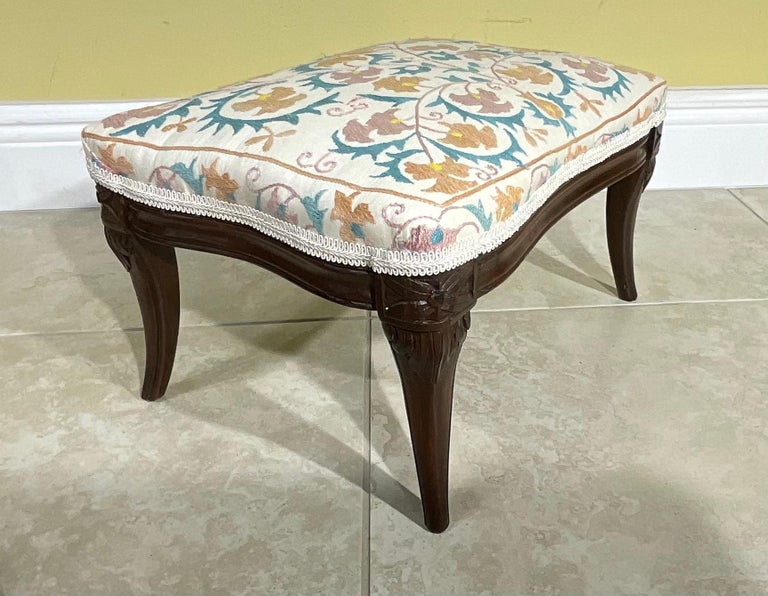 Antique Hand Carved Suzani Embroidery Foot Stool For Sale at 1stDibs