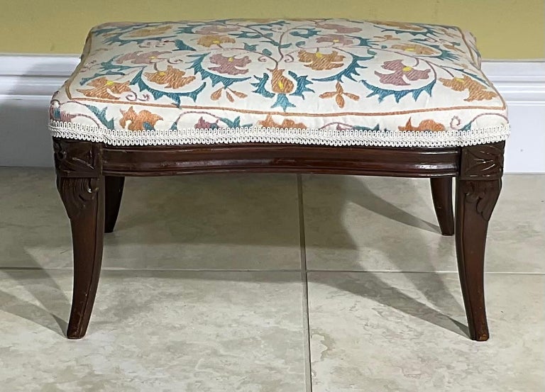 Antique Hand Carved Suzani Embroidery Foot Stool For Sale at 1stDibs
