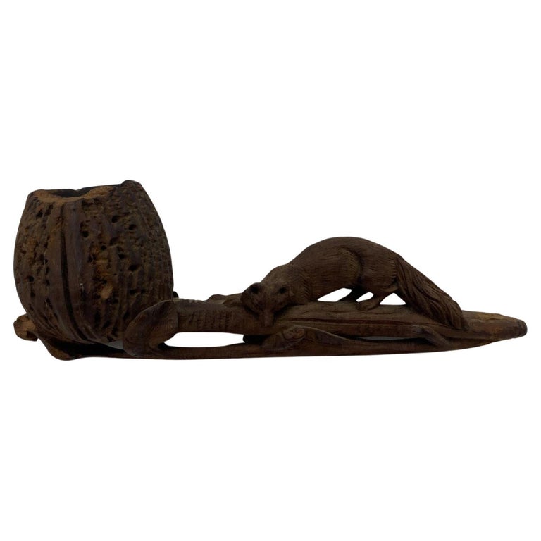 Antique Hand Carved Wood Rustic Fox Tobacco Pipe For Sale at 1stDibs
