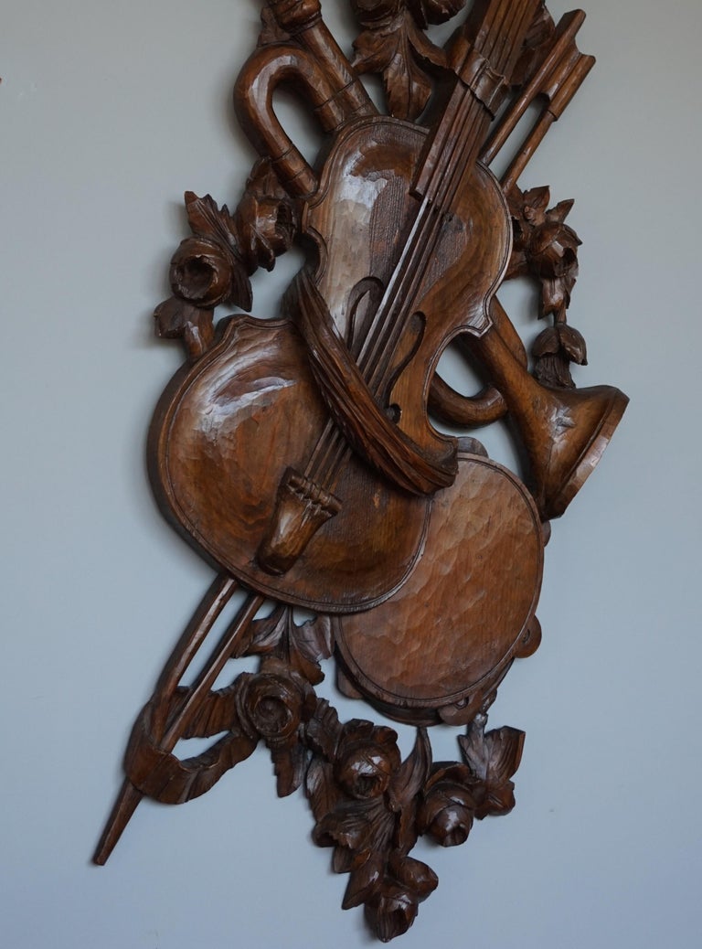 Antique Hand Carved Wooden Violin / Fiddle, Trumpet and Tambourine Wall ...