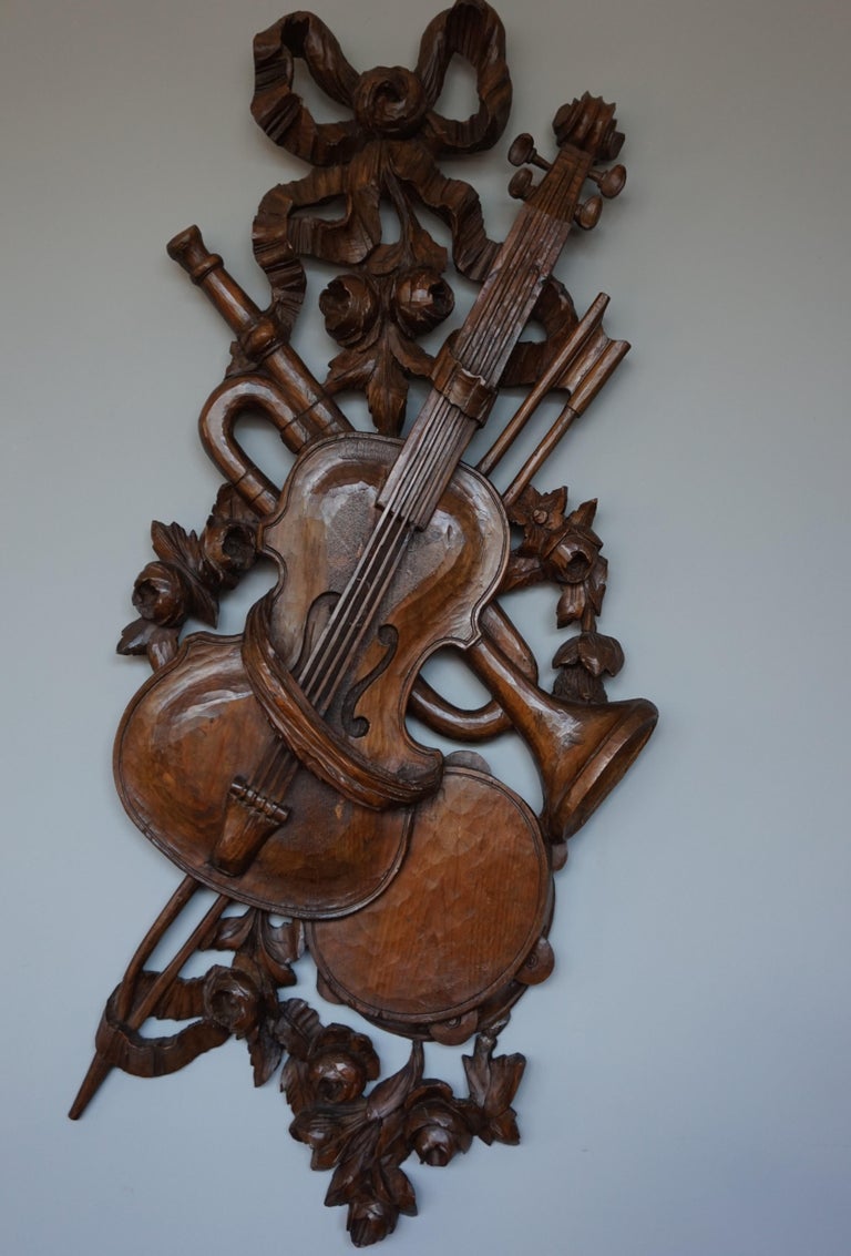 Antique Hand Carved Wooden Violin / Fiddle, Trumpet and Tambourine Wall ...