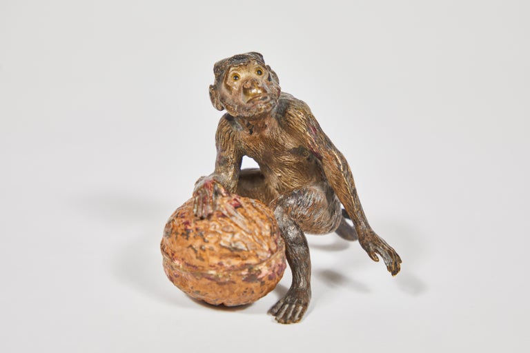 Antique Hand Cold Painted Bronze Monkey with a Walnut at 1stDibs