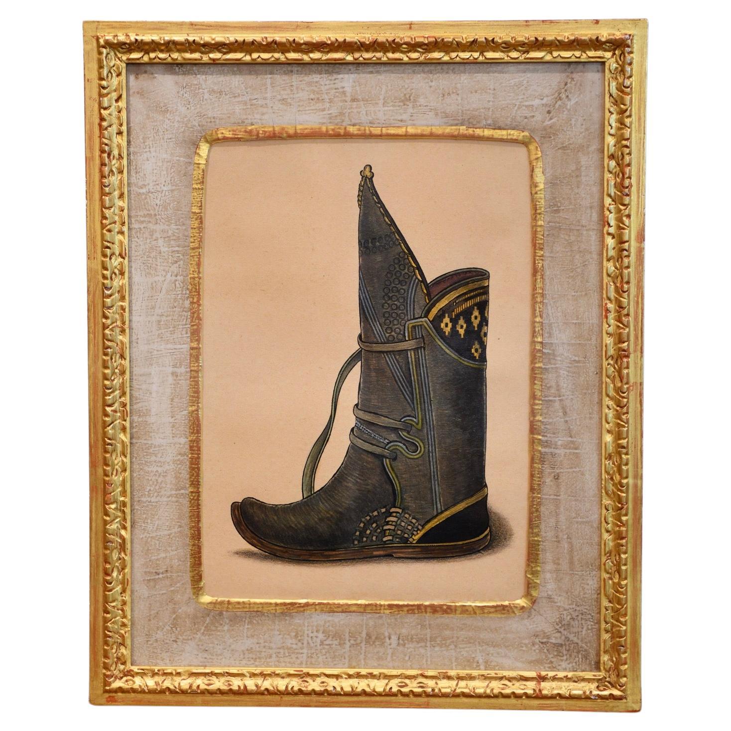 Antique Hand Colored and Painted Over Boot Print 2 For Sale at 1stDibs