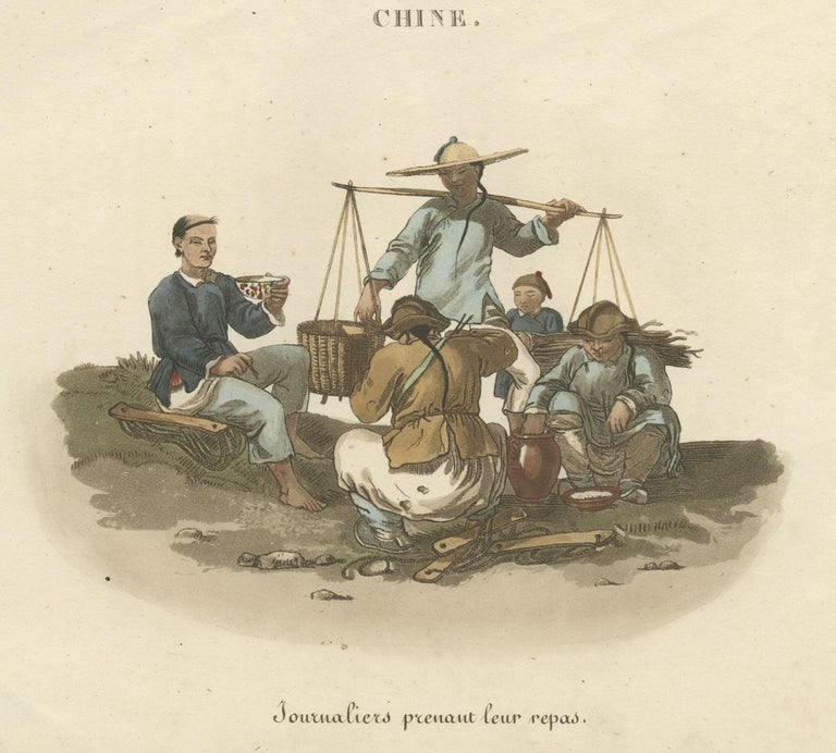 Antique Hand-Colored Print of Chinese Workers Having Their Meal, c.1820 ...