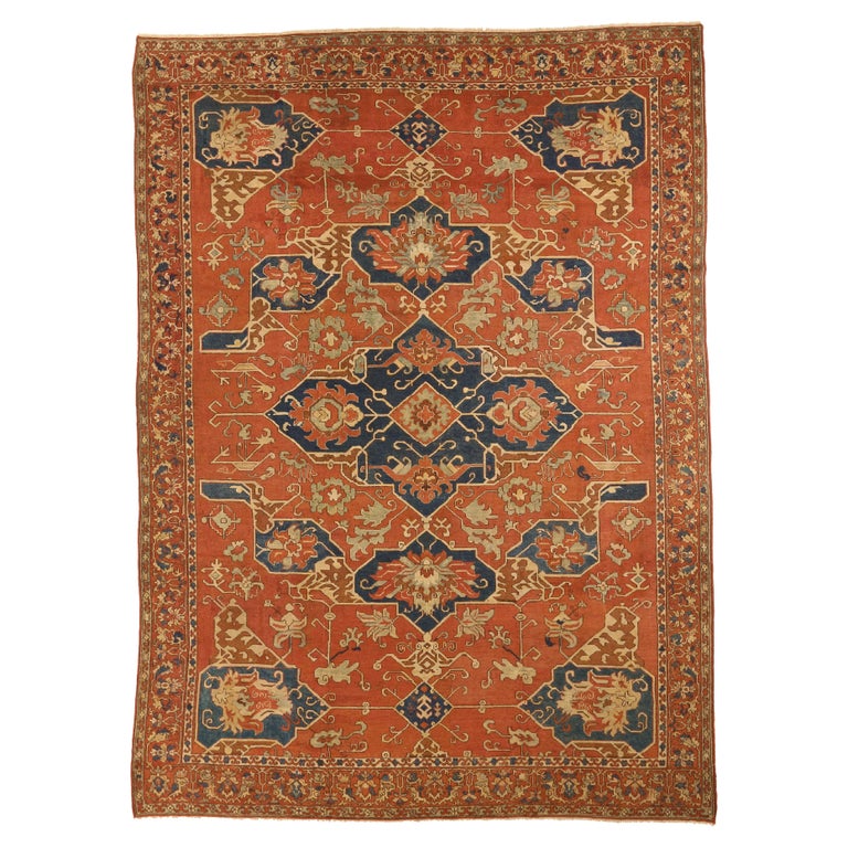 Antique Hand Knotted Turkish Rug Heriz Design For Sale at 1stDibs