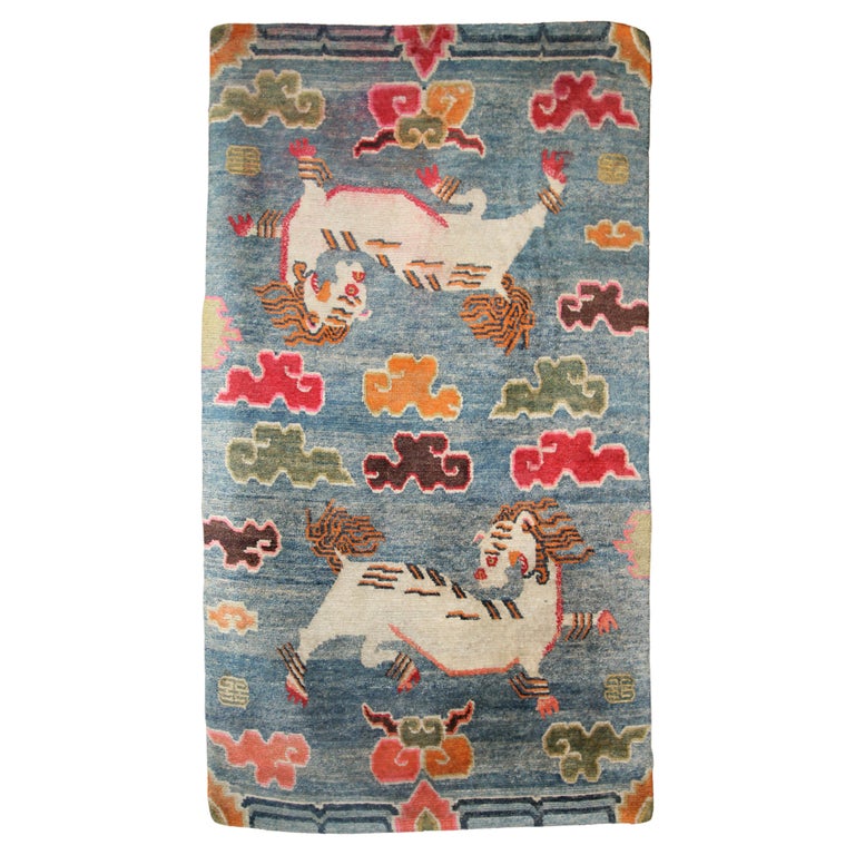 Antique Hand-Knotted Wool Tibetan Carpet Snow Leopards and Ruyi Cloud ...