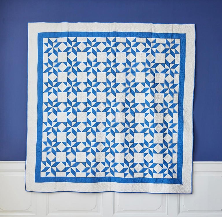 Antique Hand Made Patchwork "Pinwheel Stars" Quilt in Blue and White ...