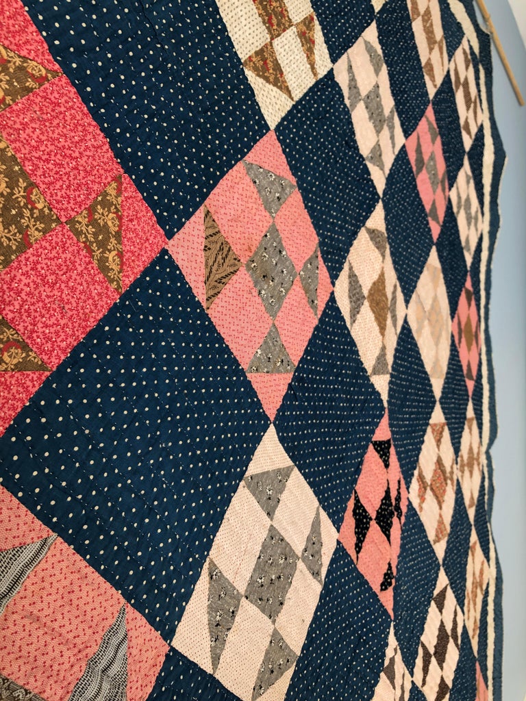 Antique Handmade Patchwork Quilt in Blue, White and Pink, USA, 1880s at ...