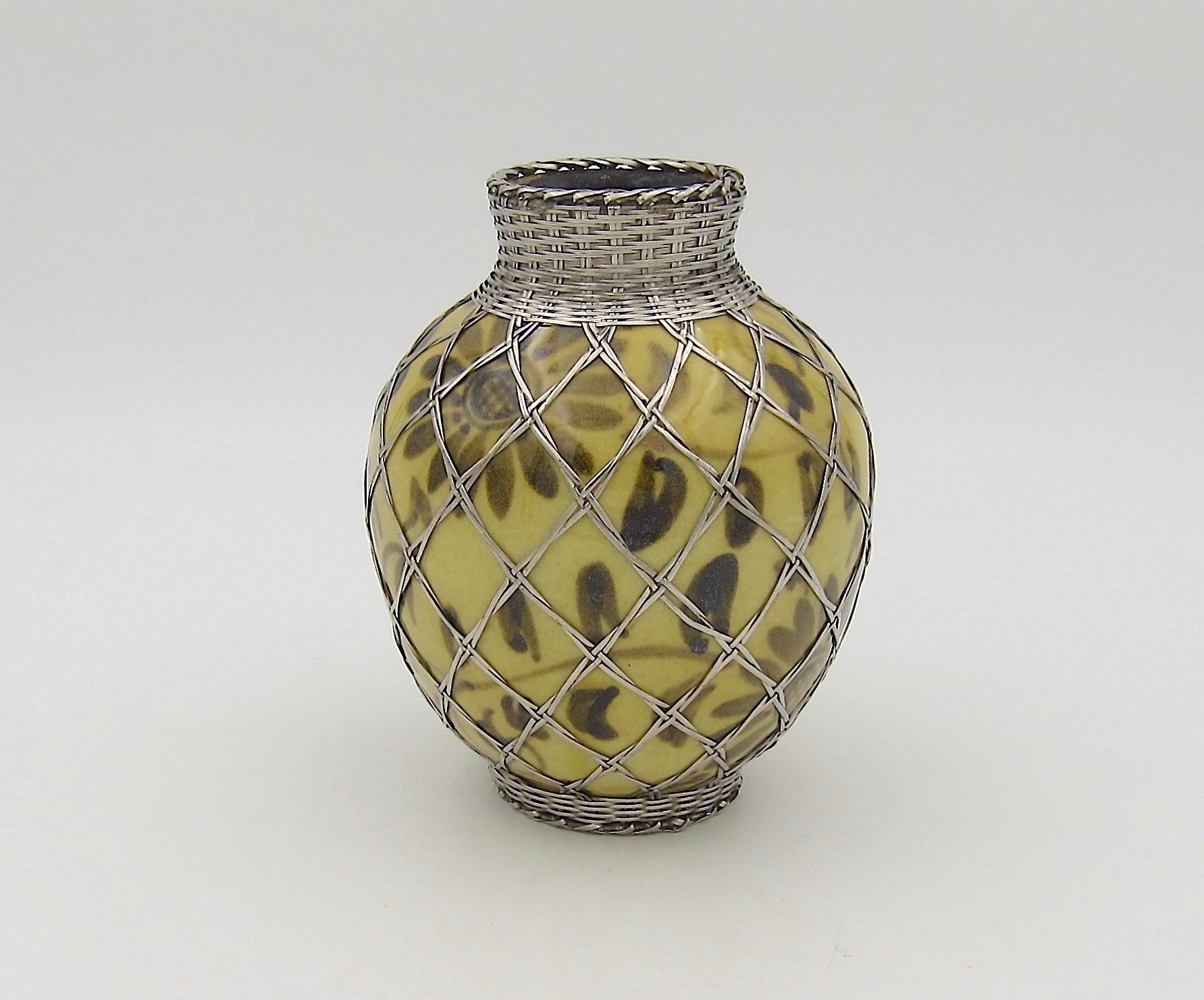 Antique Hand-Painted Art Pottery Vase With Silver Basket Weave Overlay ...