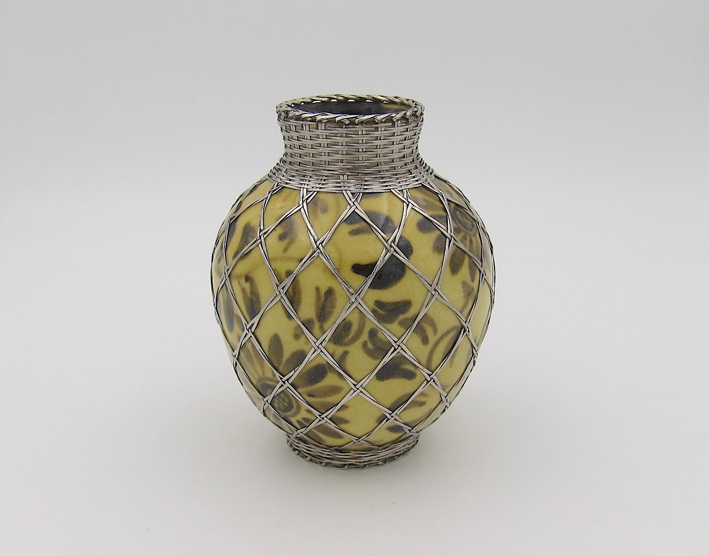 Antique Hand-Painted Art Pottery Vase With Silver Basket Weave Overlay ...