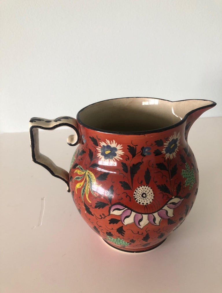 Antique Hand Painted English Pitcher with Handle For Sale at 1stDibs