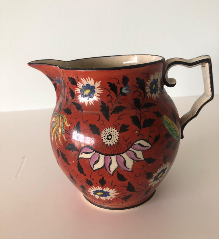 Antique Hand Painted English Pitcher with Handle For Sale at 1stDibs