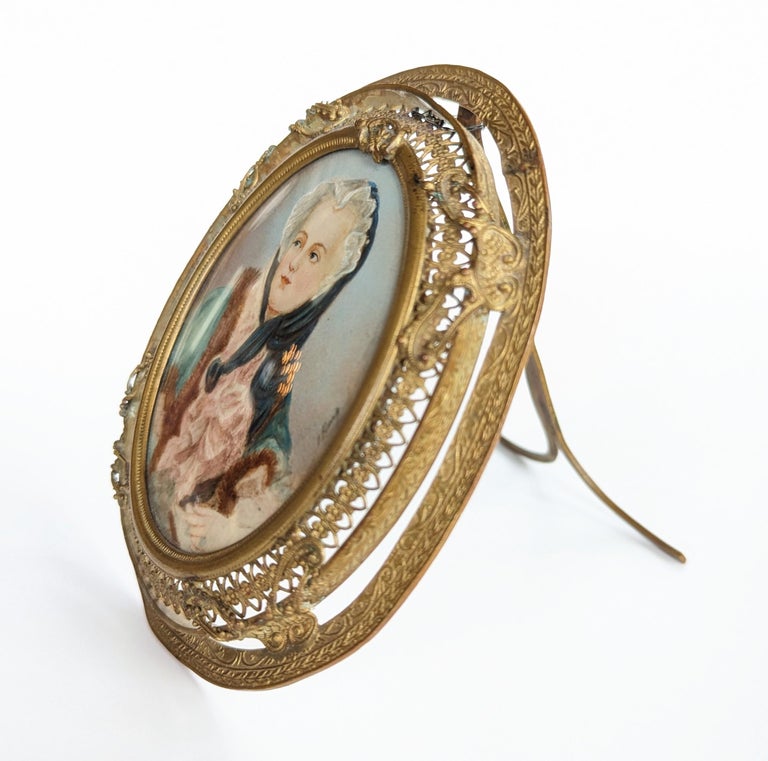 Antique Hand Painted Miniature Portrait Filigree Brass Easel Frame Art ...