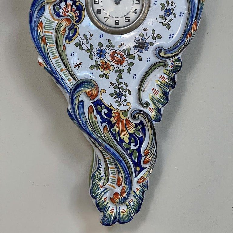 Antique Hand-Painted Porcelain Wall Clock from Rouen For Sale at 1stDibs