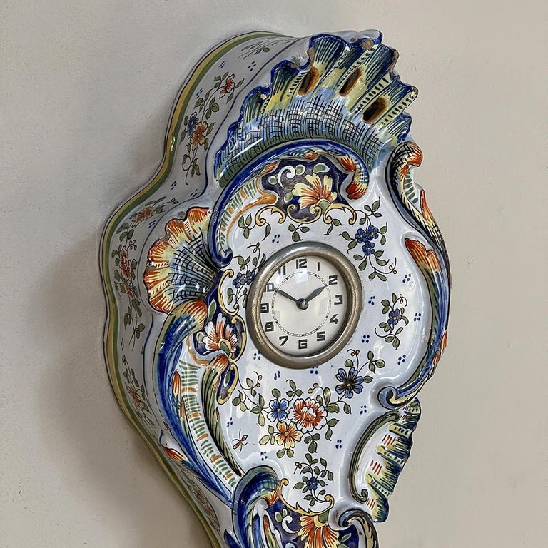 Antique Hand-Painted Porcelain Wall Clock from Rouen For Sale at 1stDibs