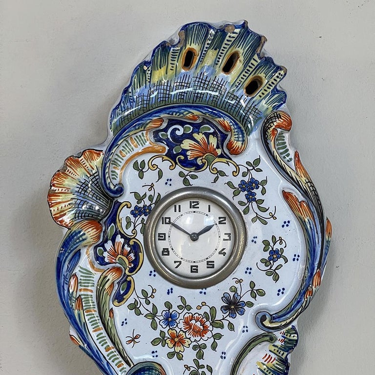 Antique Hand-Painted Porcelain Wall Clock from Rouen For Sale at 1stDibs
