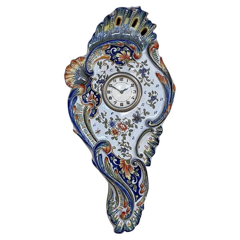 Antique Hand-Painted Porcelain Wall Clock from Rouen For Sale at 1stDibs