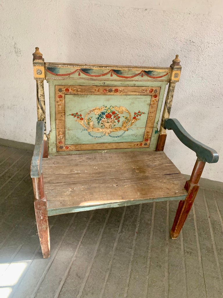 Antique Hand Painted Rustic Spanish Bench For Sale at 1stDibs