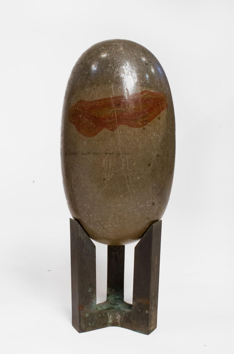 Antique Hand Polished Lingam Stone Sculptures with Bronze Stands Set of ...