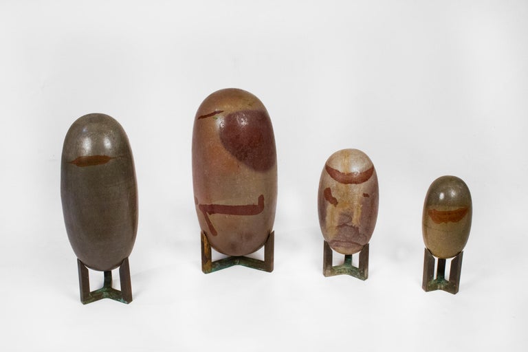 Antique Hand Polished Lingam Stone Sculptures with Bronze Stands Set of ...