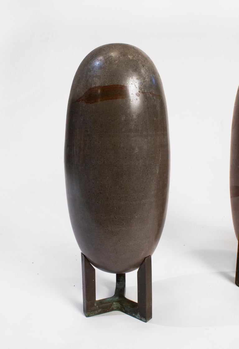 Antique Hand Polished Lingam Stone Sculptures with Bronze Stands Set of ...