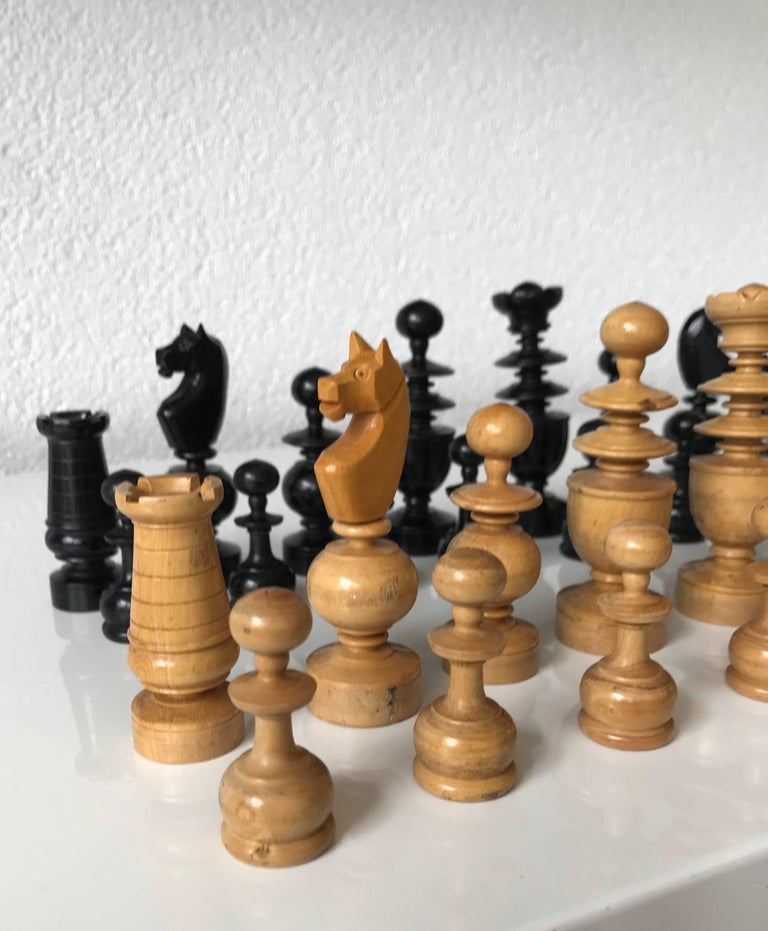 Antique Hand-Turned and Quality Carved Boxwood Chess Pieces/Set at 1stDibs