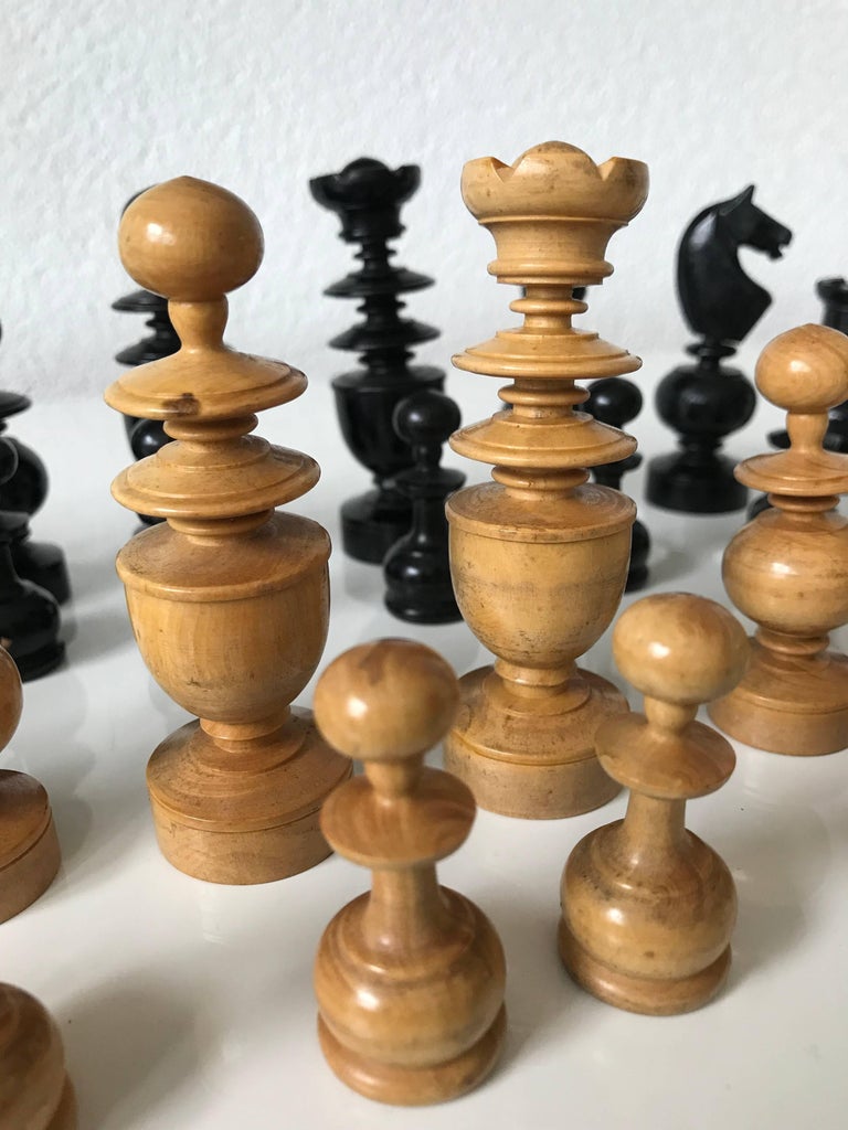 Antique Hand-Turned and Quality Carved Boxwood Chess Pieces/Set at 1stDibs