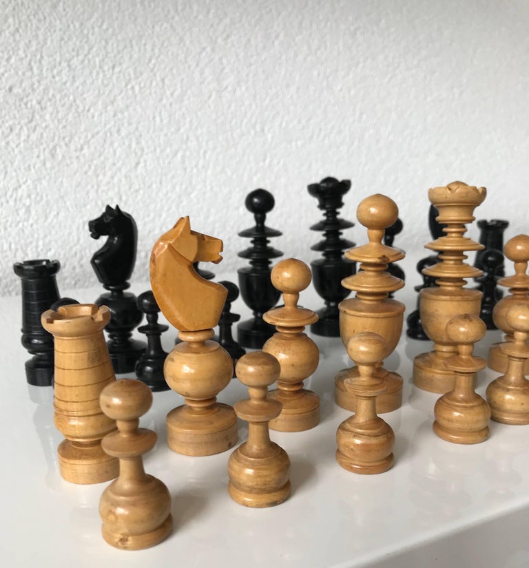 Antique Hand-Turned and Quality Carved Boxwood Chess Pieces/Set at 1stDibs