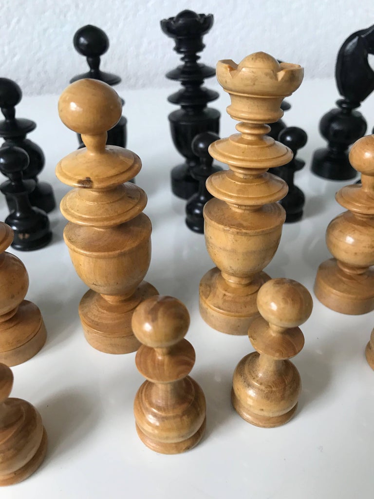 Antique Hand-Turned and Quality Carved Boxwood Chess Pieces/Set at 1stDibs