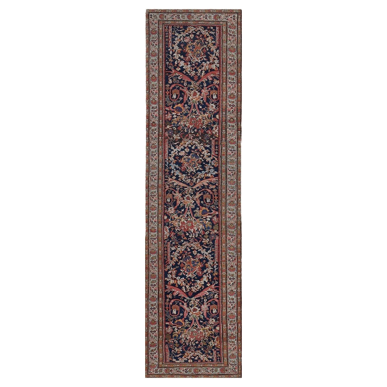 Antique Hand-Woven Indigo-Blue Floral Sultanabad Runner For Sale at 1stDibs