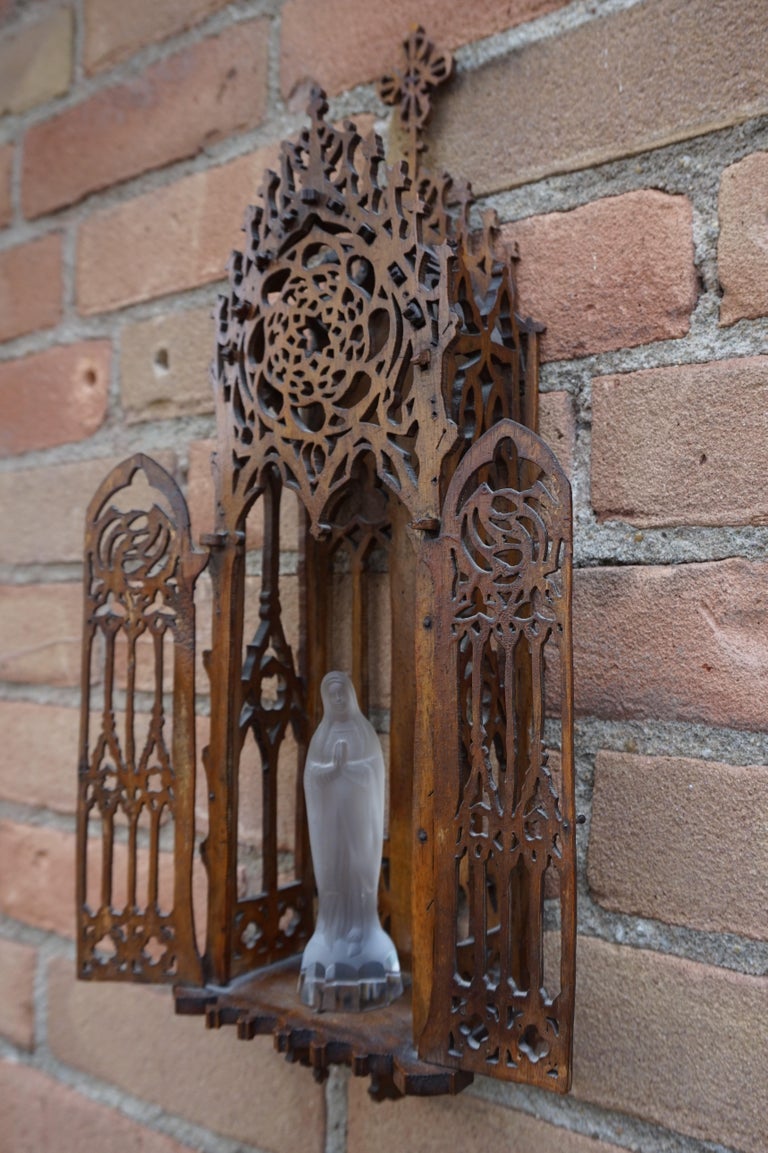 Antique Handcrafted Gothic Revival Wall Shrine/ Chapel with Glass Mary ...