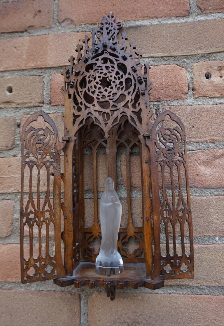 Antique Handcrafted Gothic Revival Wall Shrine/ Chapel with Glass Mary ...