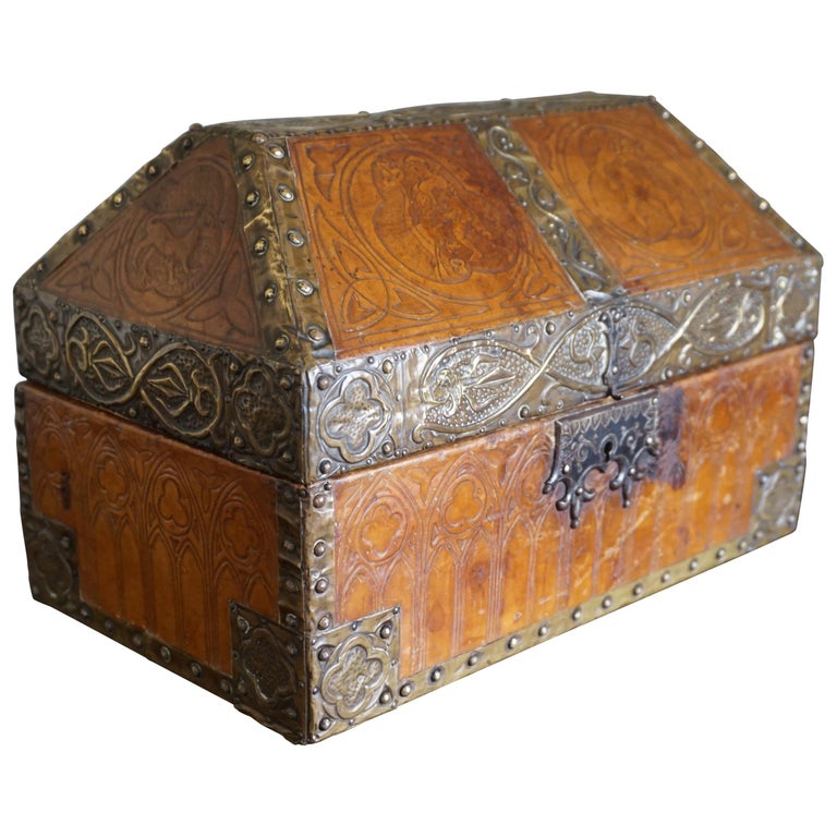 Antique Handcrafted Late 1800s Embossed Leather and Brass Gothic ...