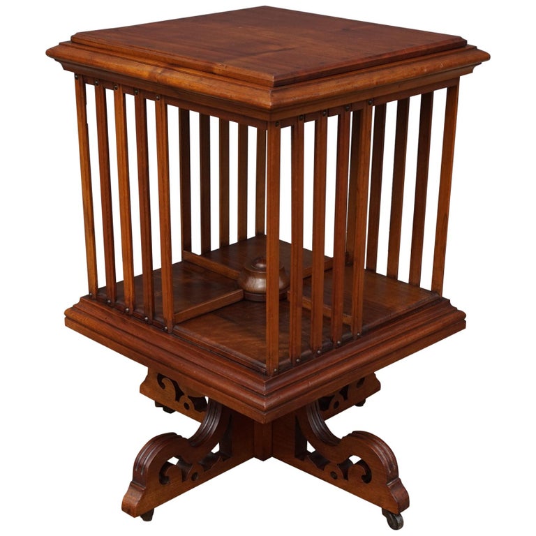 Antique Handcrafted Nutwood Revolving Bookcase w. Original Brass and ...