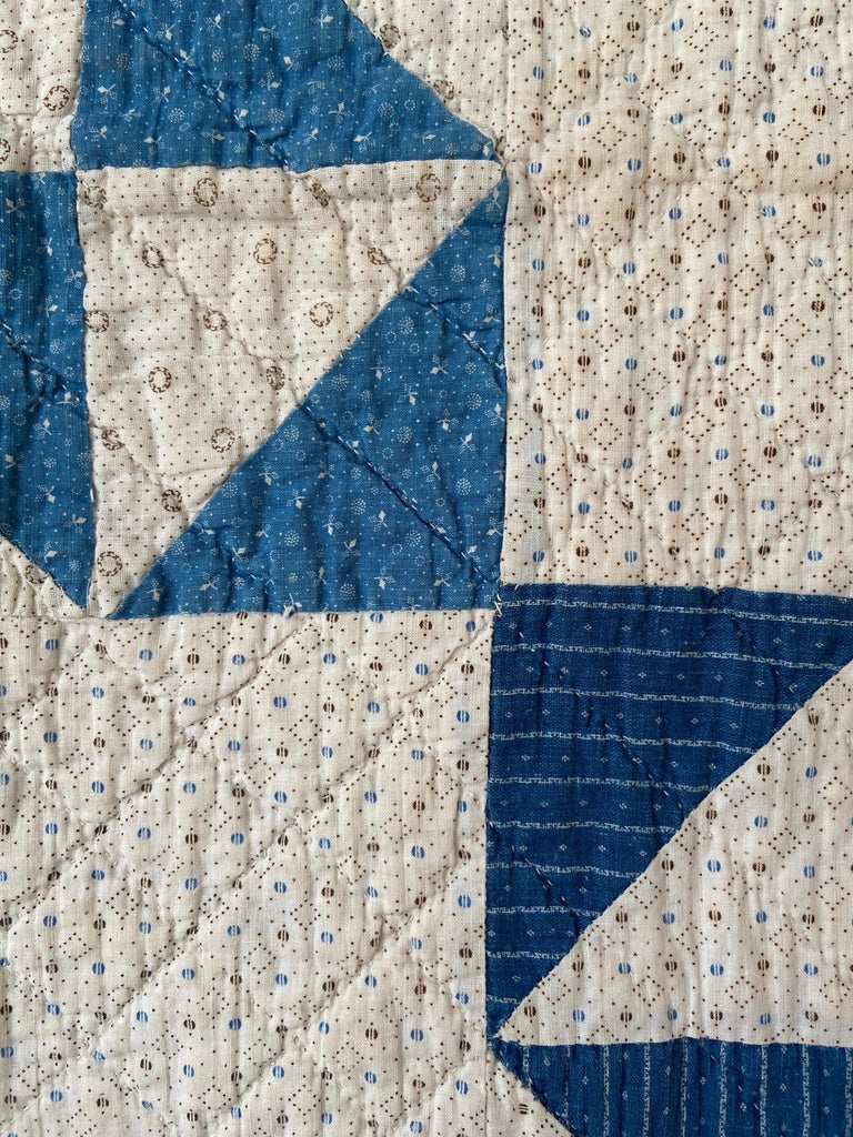 Antique Handmade Cotton Patchwork "Hourglass" Quilt in Blue and White ...