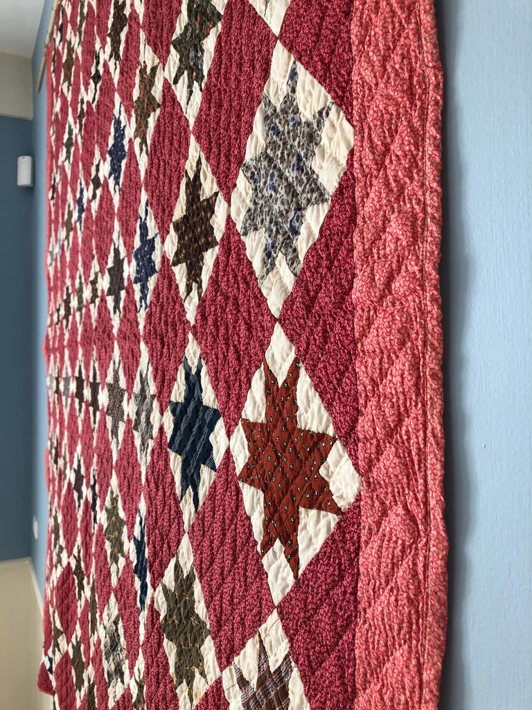 Antique Handmade Patchwork "Sawtooth Star" Quilt in Red and White, USA ...