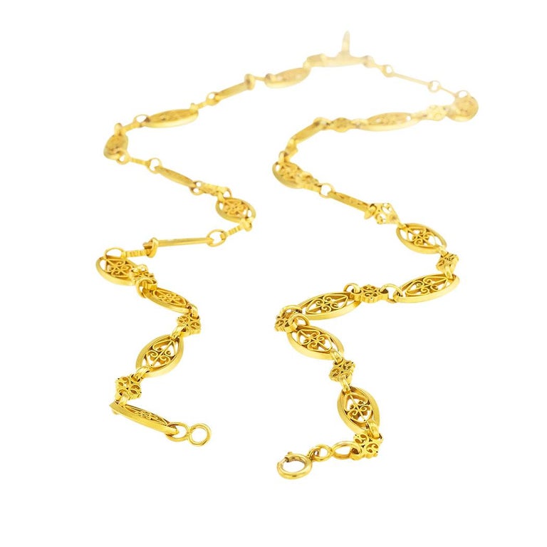 Antique Handmade Yellow Gold Long Chain Necklace For Sale at 1stDibs