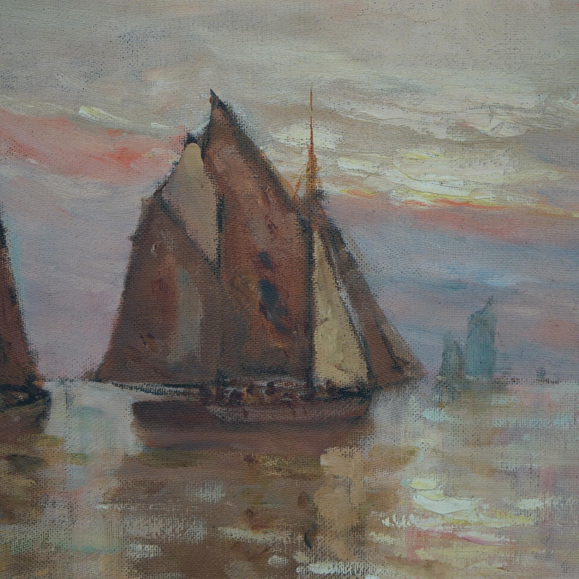 Antique Harbor Scene Painting w/ Ships "Herring Smack Off Yarmouth MA ...