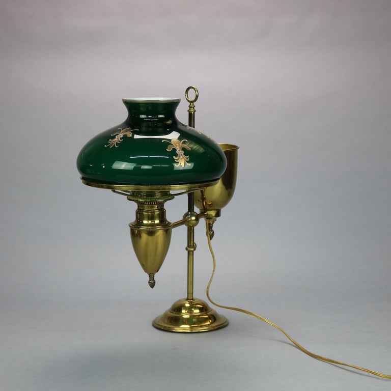 Antique Harvard School Brass Student Lamp with Decorated Green Cased ...