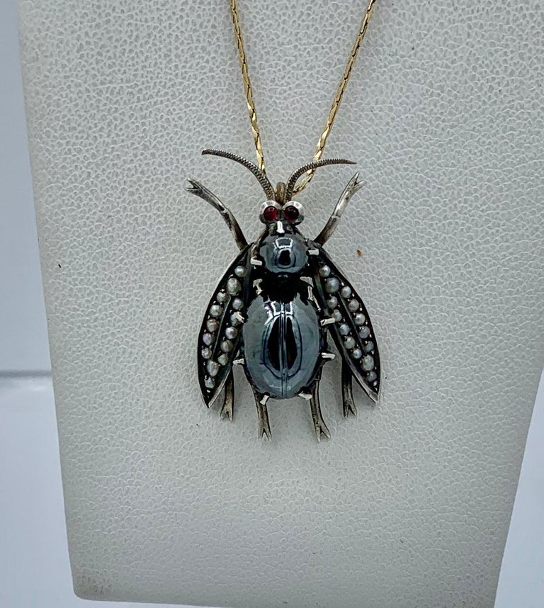 Antique Hematite Ruby Pearl Fly Bug Insect Pendant Victorian Edwardian ...