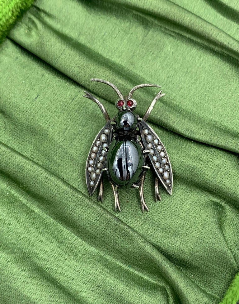 Antique Hematite Ruby Pearl Fly Bug Insect Pendant Victorian Edwardian ...