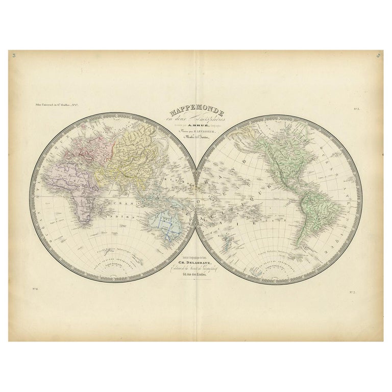 Antique Hemisphere Map of the World by Levasseur, 1875 at 1stDibs