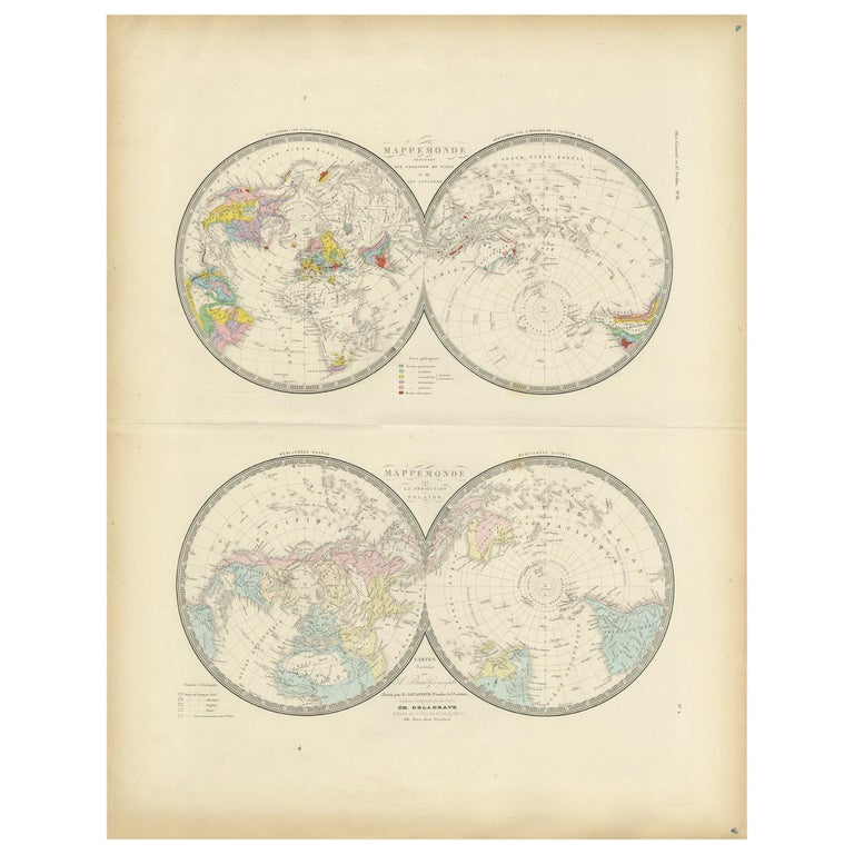 Antique Hemisphere Map of the World 'Two on One Sheet' by Levasseur ...