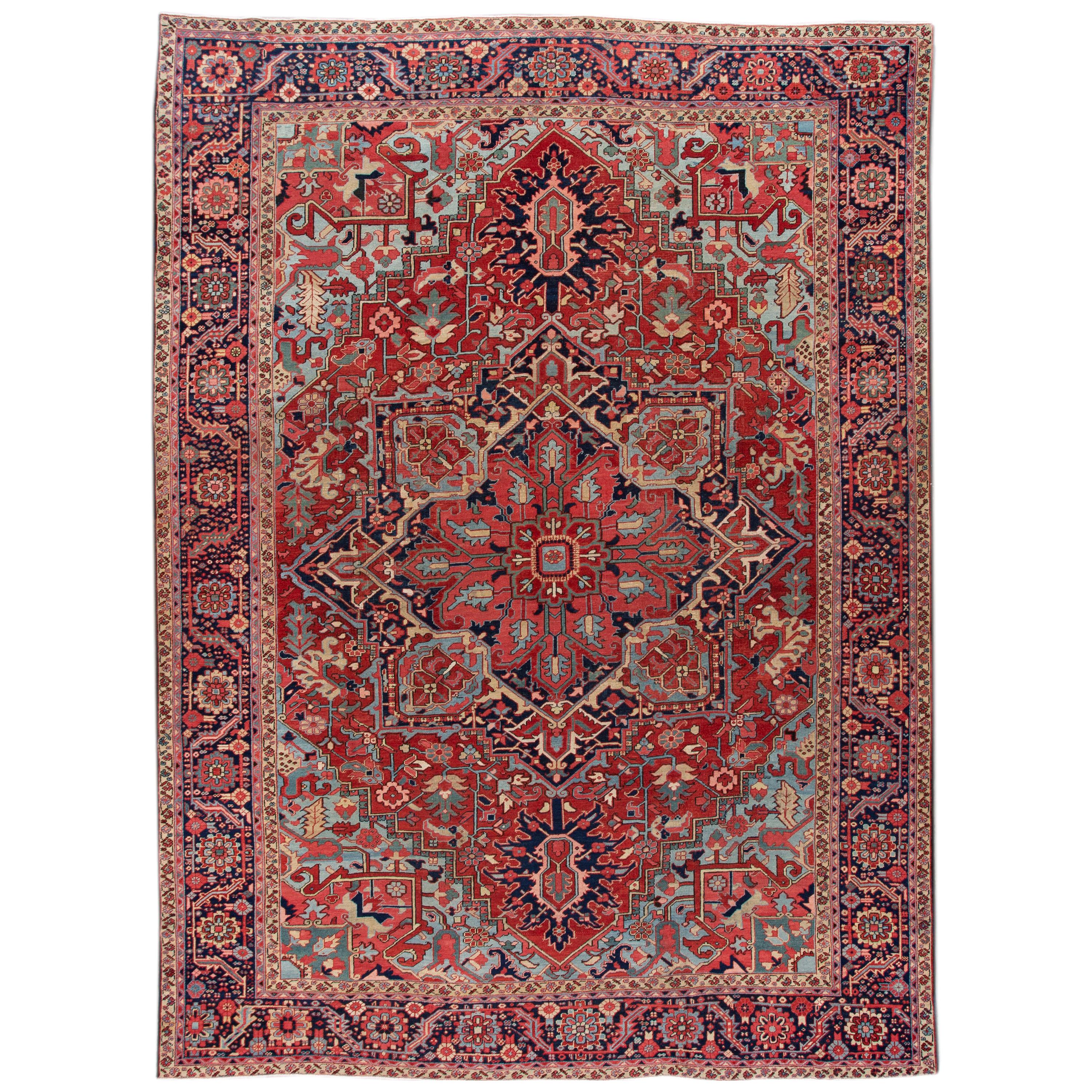 Red Antique Heriz Handmade Medallion Wool Rug For Sale at 1stDibs