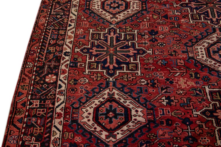 Antique Heriz Persian Handmade Red Geometric Pattern Wool Rug For Sale ...