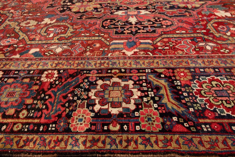 Antique Heriz Handmade Medallion Red Wool Rug For Sale at 1stDibs