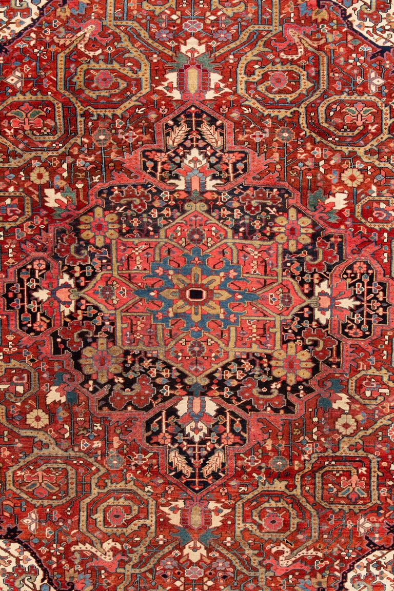 Antique Heriz Handmade Medallion Red Wool Rug For Sale at 1stDibs