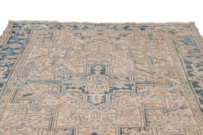 Antique Heriz Shabby Chic Beige and Blue Handmade Wool Rug For Sale at ...