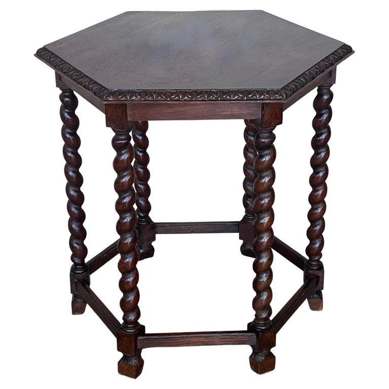 Antique Hexagonal Side or Center Walnut Table with Six Carved Legs For ...