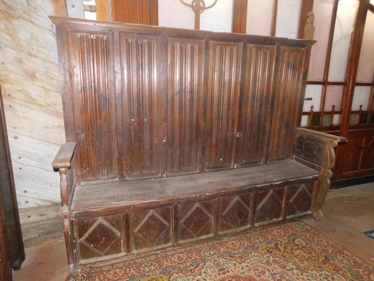 Antique High Back Bench, Red Larch Wood, Hand Carved with Lozenges ...